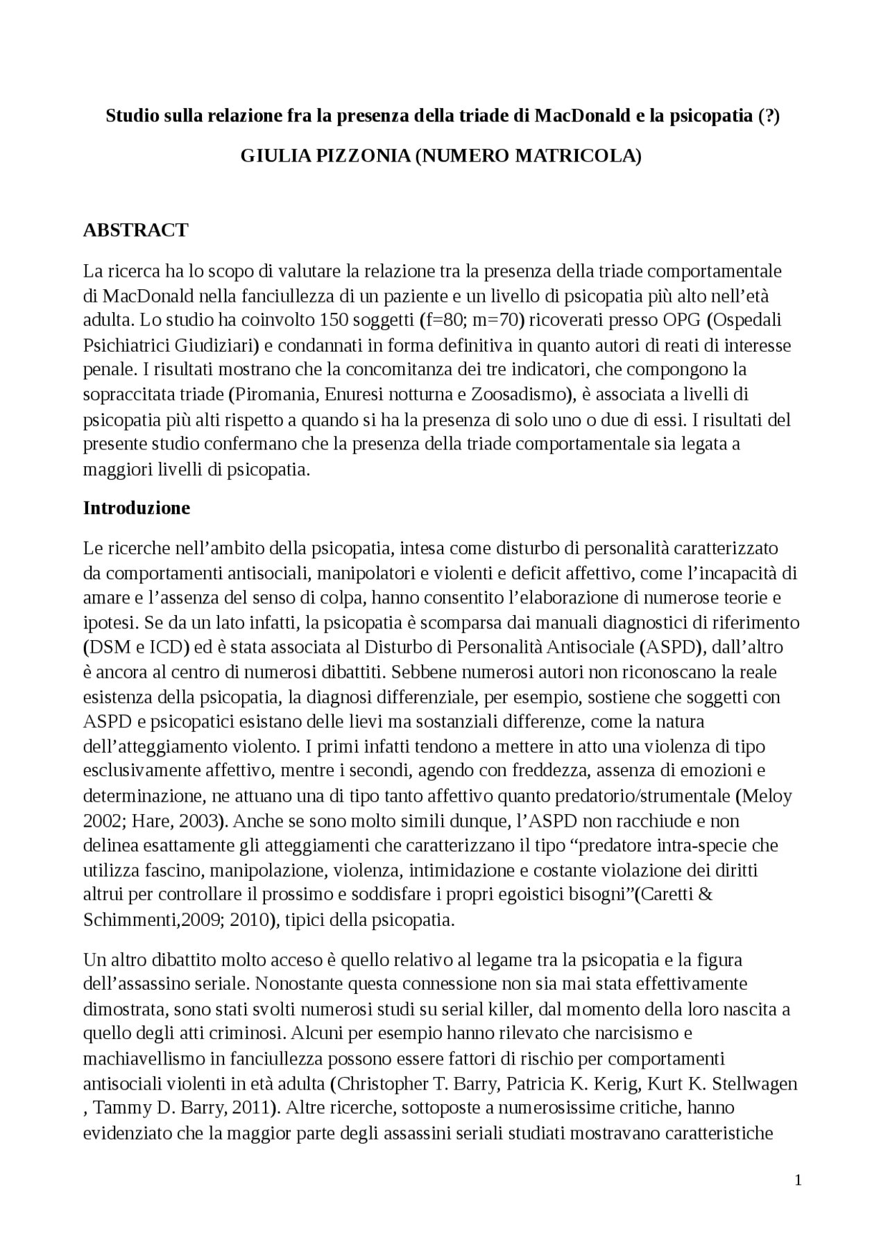 Studio sulla relazione tra triade di macdonald e psicopatia - Docsity