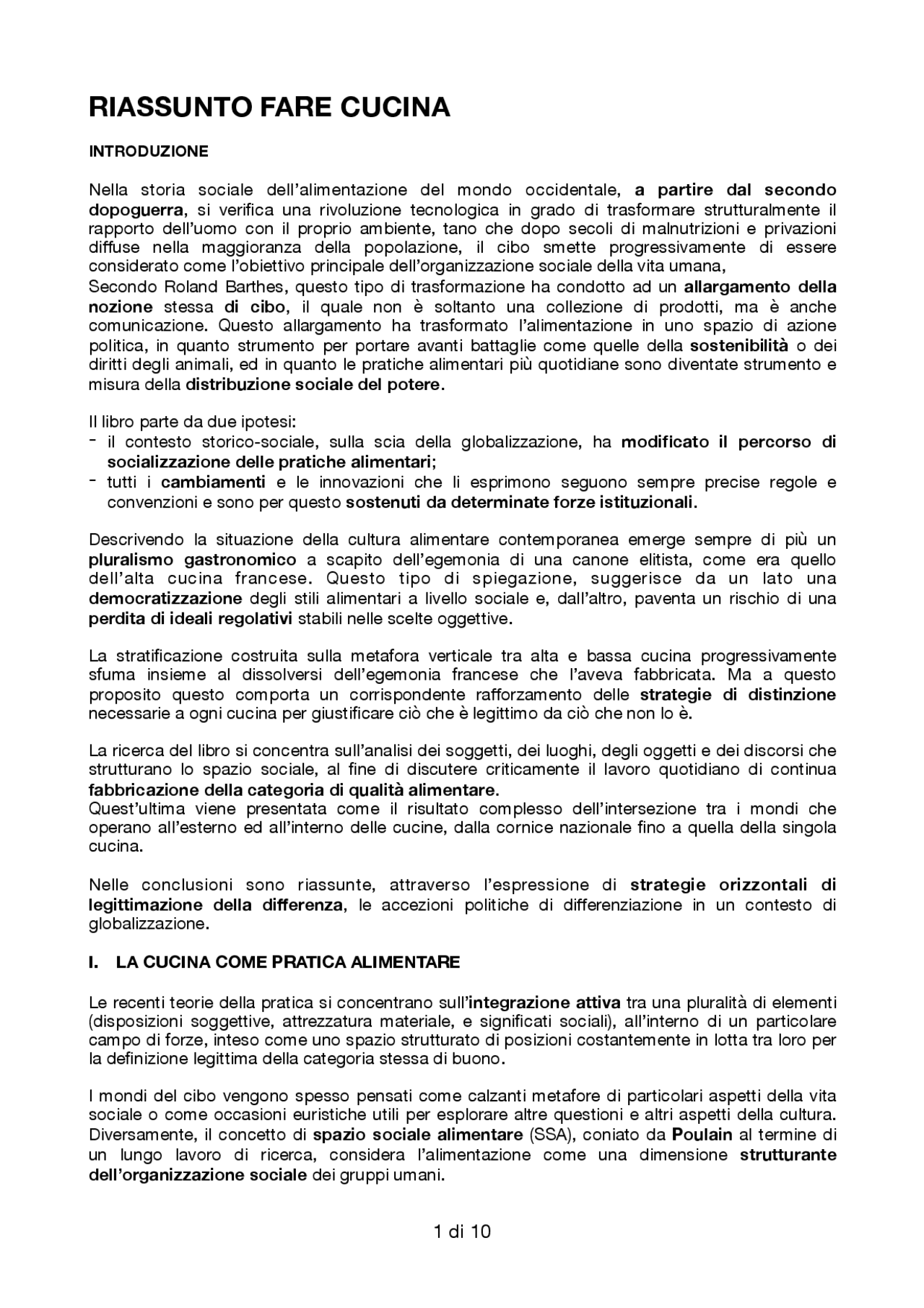 Riassunto Fare Cucina Docsity