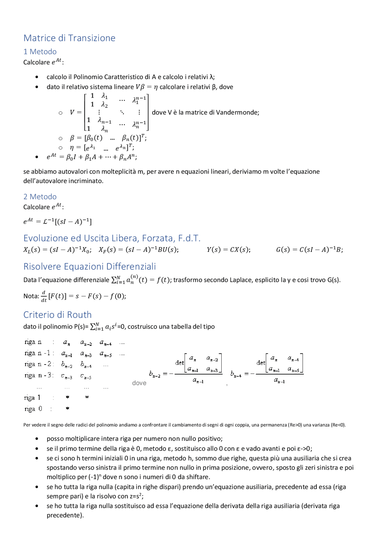 Formulario Di Teoria Dei Sistemi Matrice Di Transizione Formulari Di