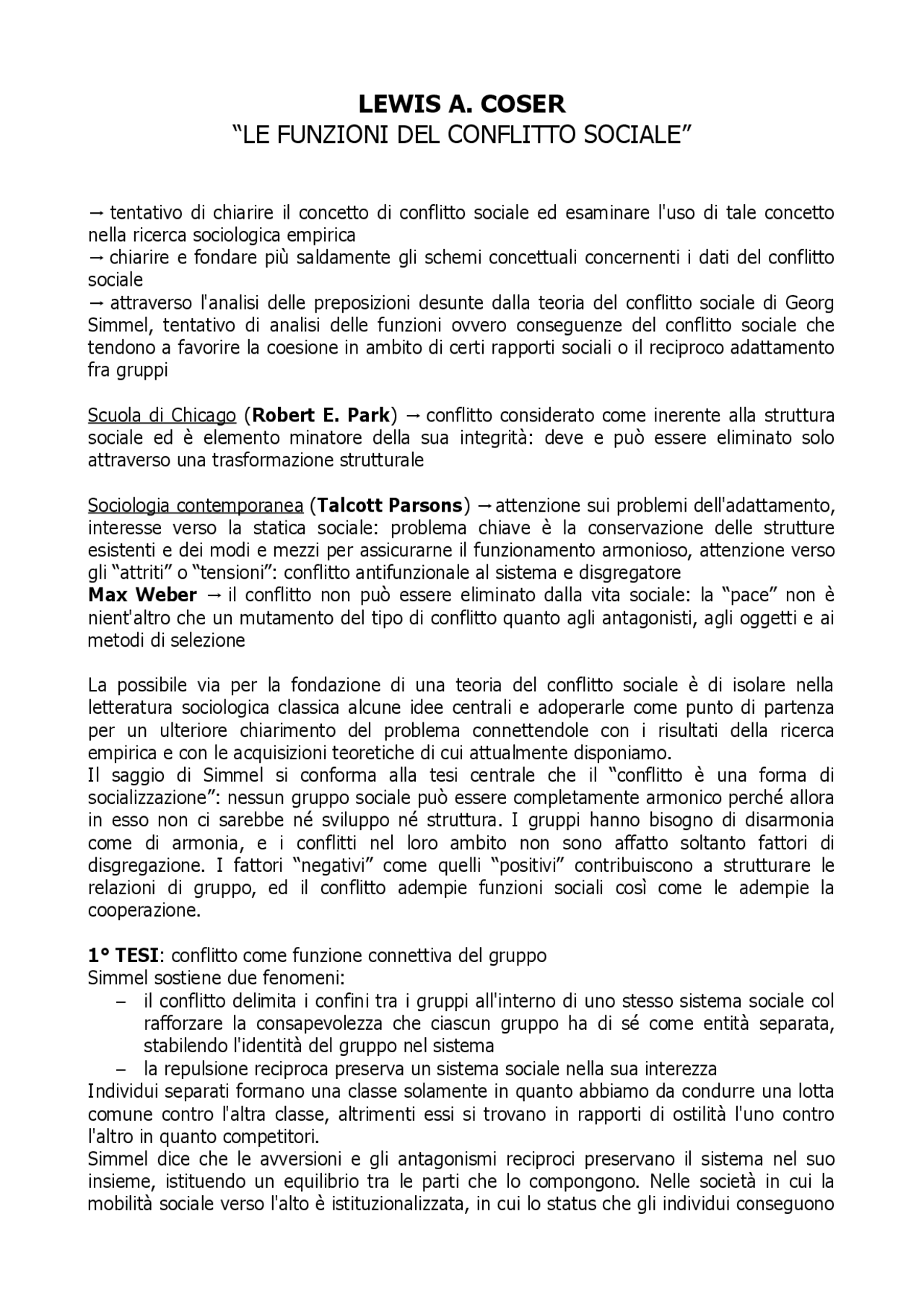 Appunti Su Le Funzioni Del Conflitto Sociale Docsity