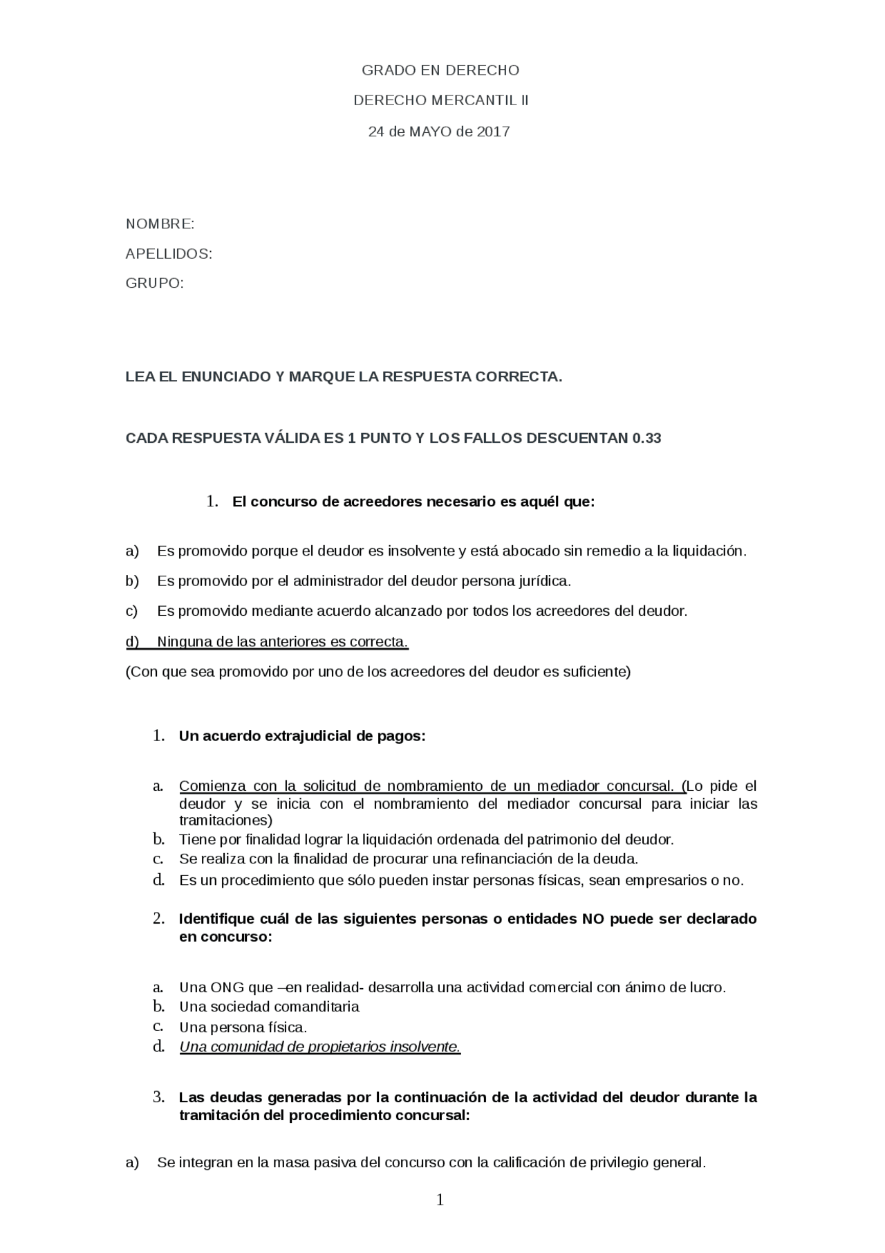 Test Grado Mercantil 2 2016 Exámenes De Derecho Mercantil Docsity