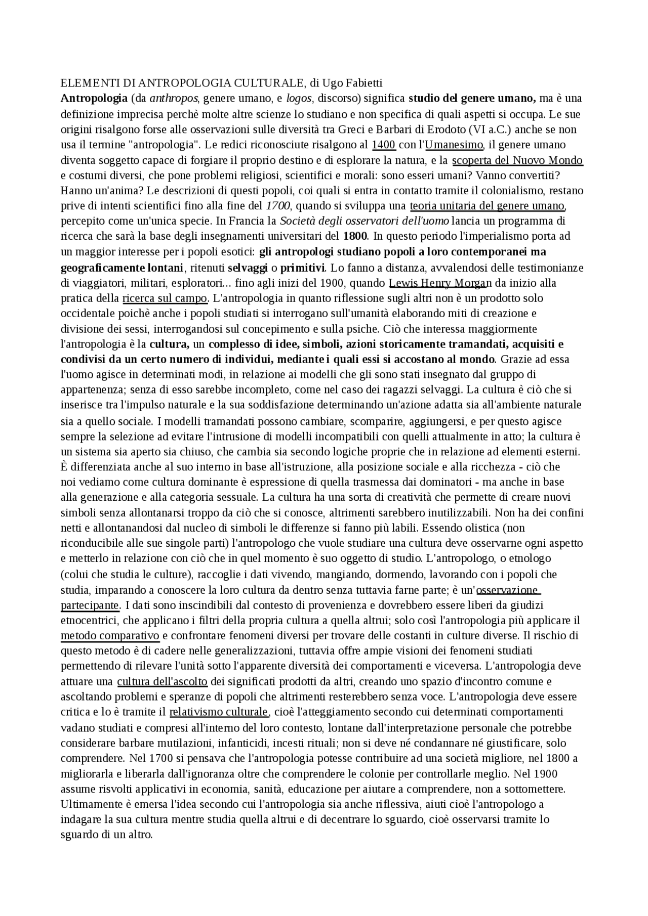 Elementi Di Antropologia Culturale Di U Fabietti Docsity