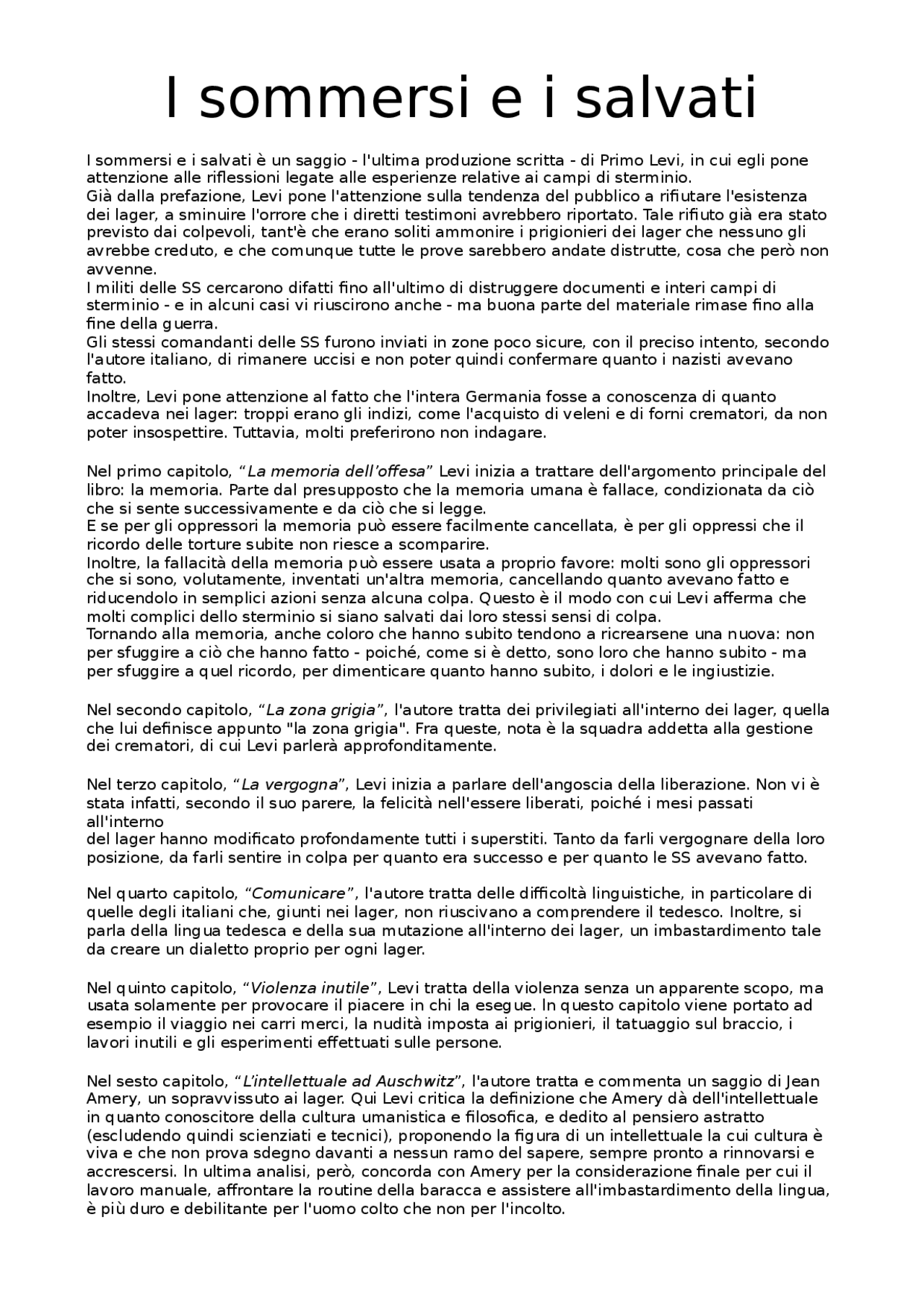I Sommersi E I Salvati Docsity