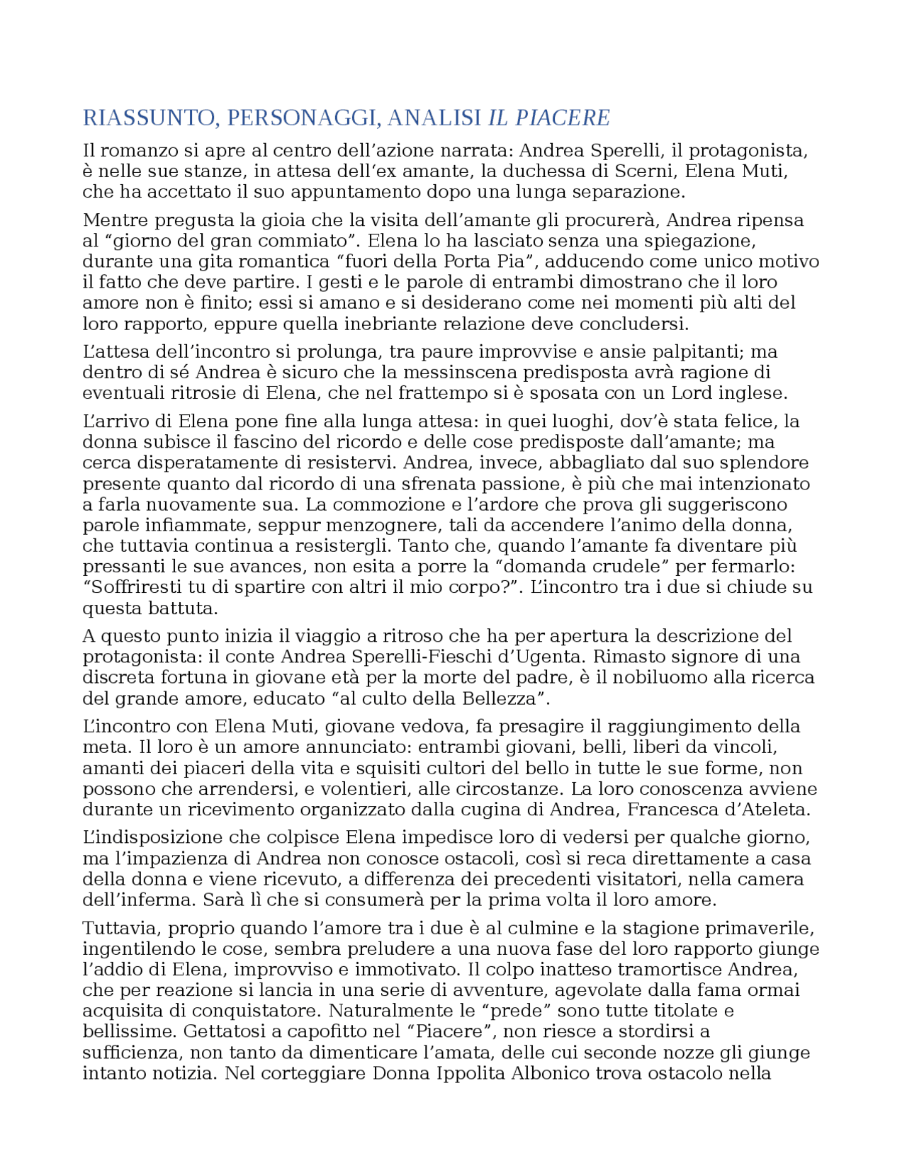 Riassunto Il Piacere Docsity