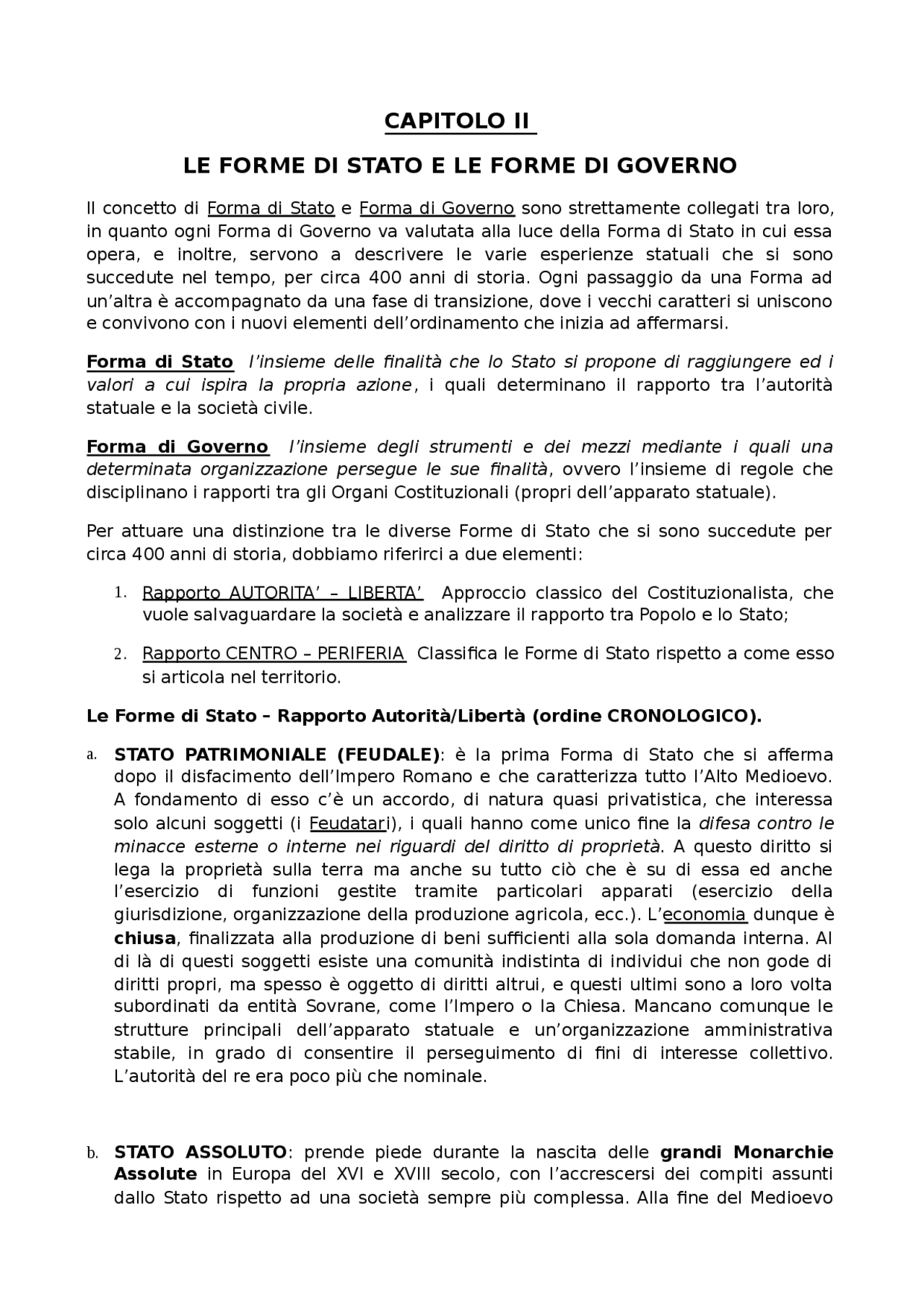 Le Forme di Stato e le Forme di Governo - Capitolo II - Docsity