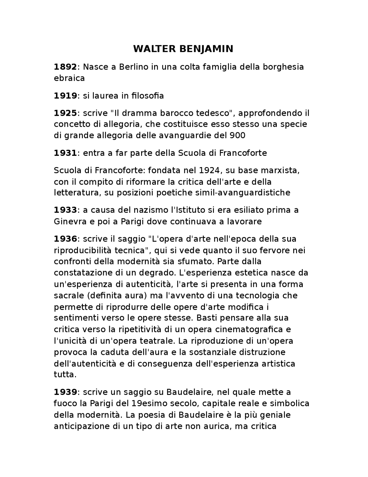 Riassunto Walter Benjamin Docsity