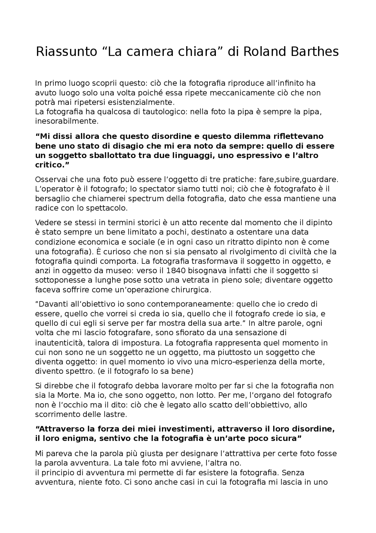 La camera chiara di Roland Barthes | Prove d'esame di fotografia | Docsity