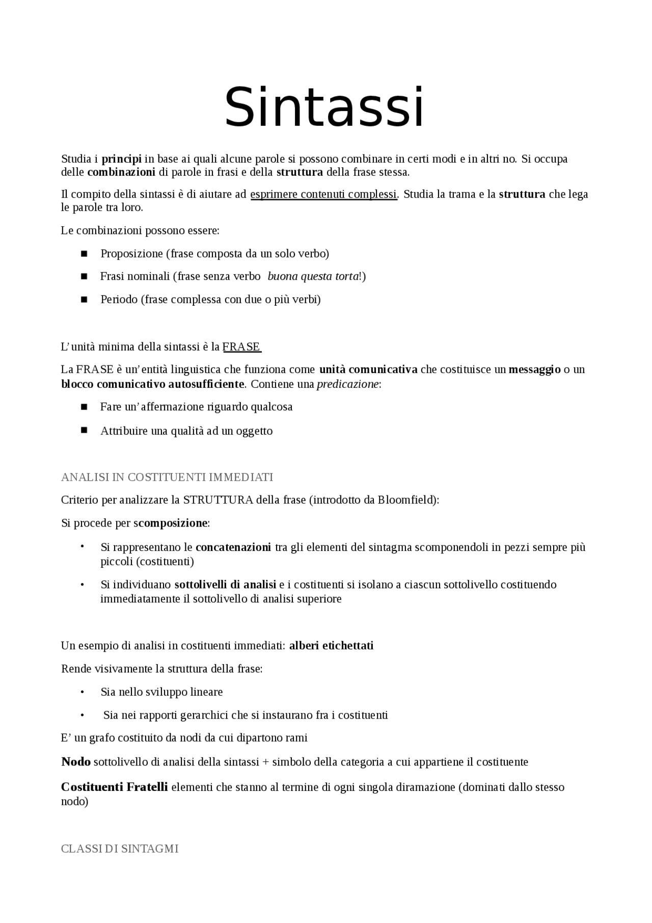 Sintassi Riassunto La Linguistica Un Corso Introduttivo Docsity
