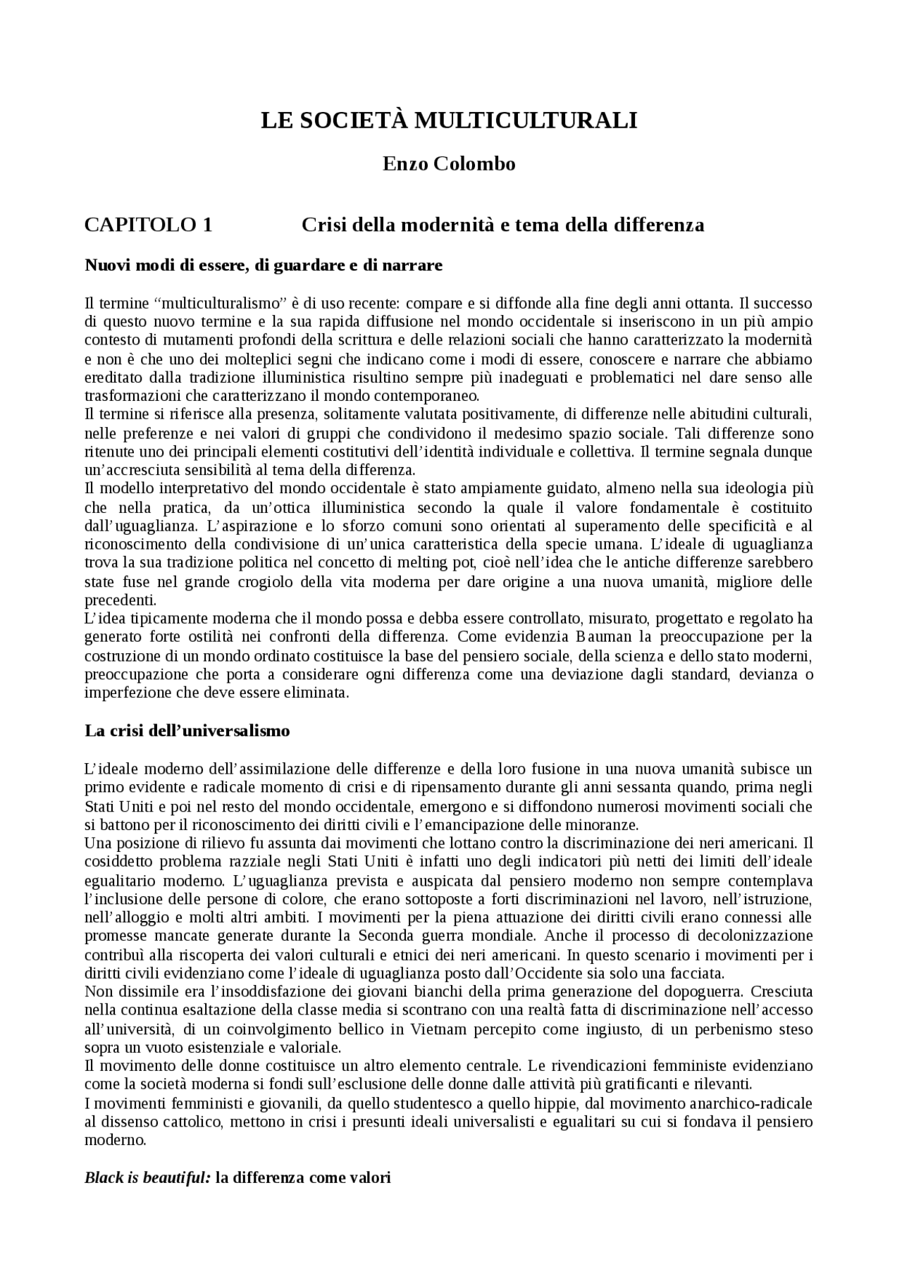 Le Società Multiculturali Di Enzo Colombo Docsity