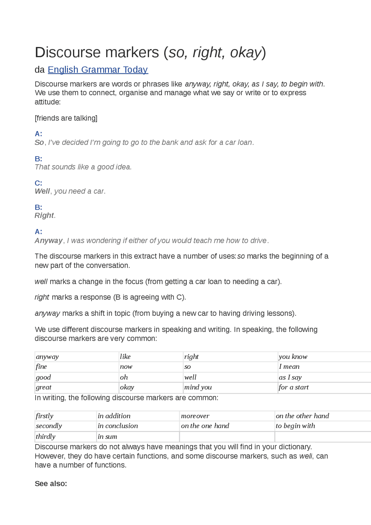 Lingua Inglese (Discourse markers (so, right, okay)) - Docsity