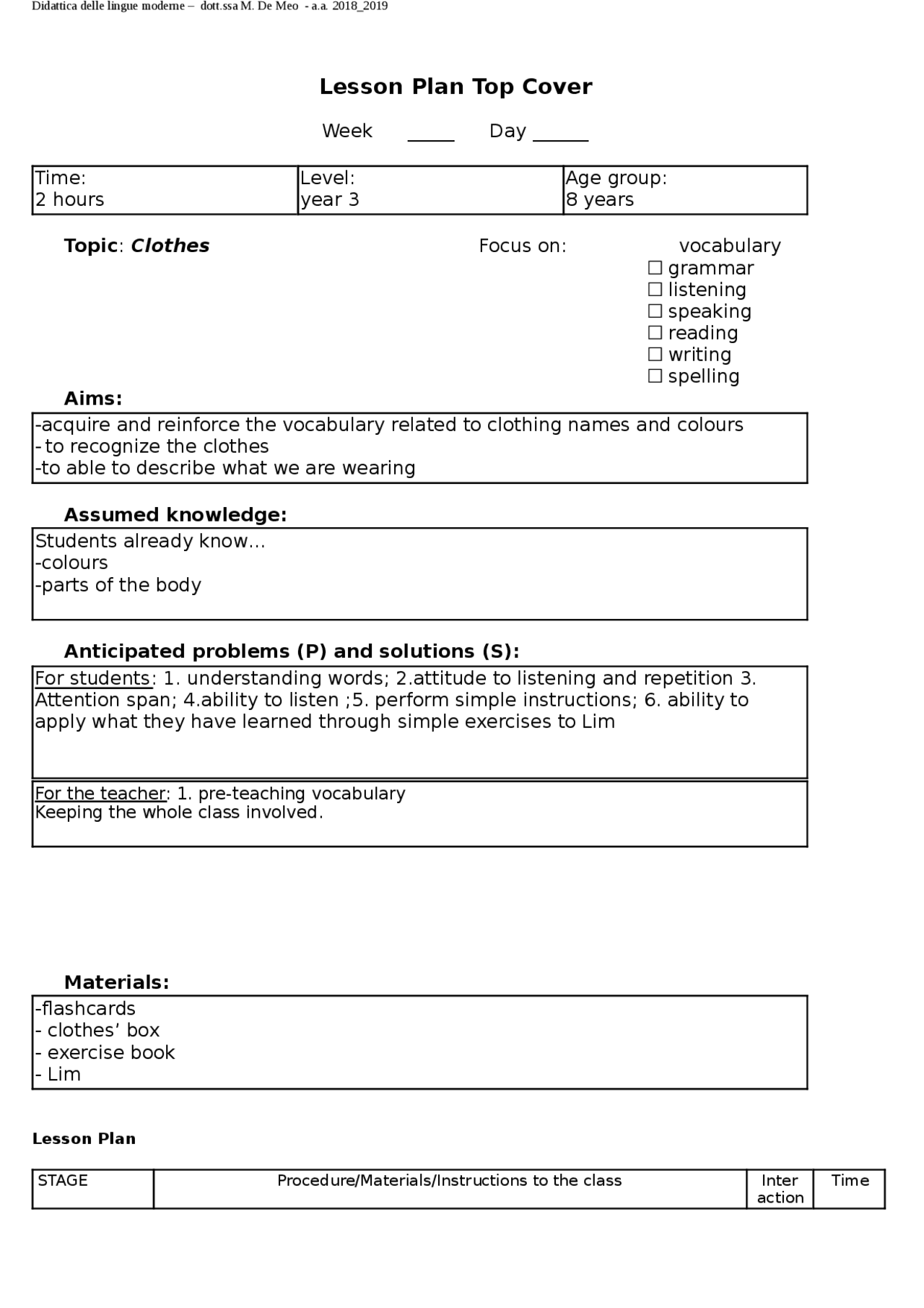LESSON PLAN ABOUT CLOTHES - Docsity