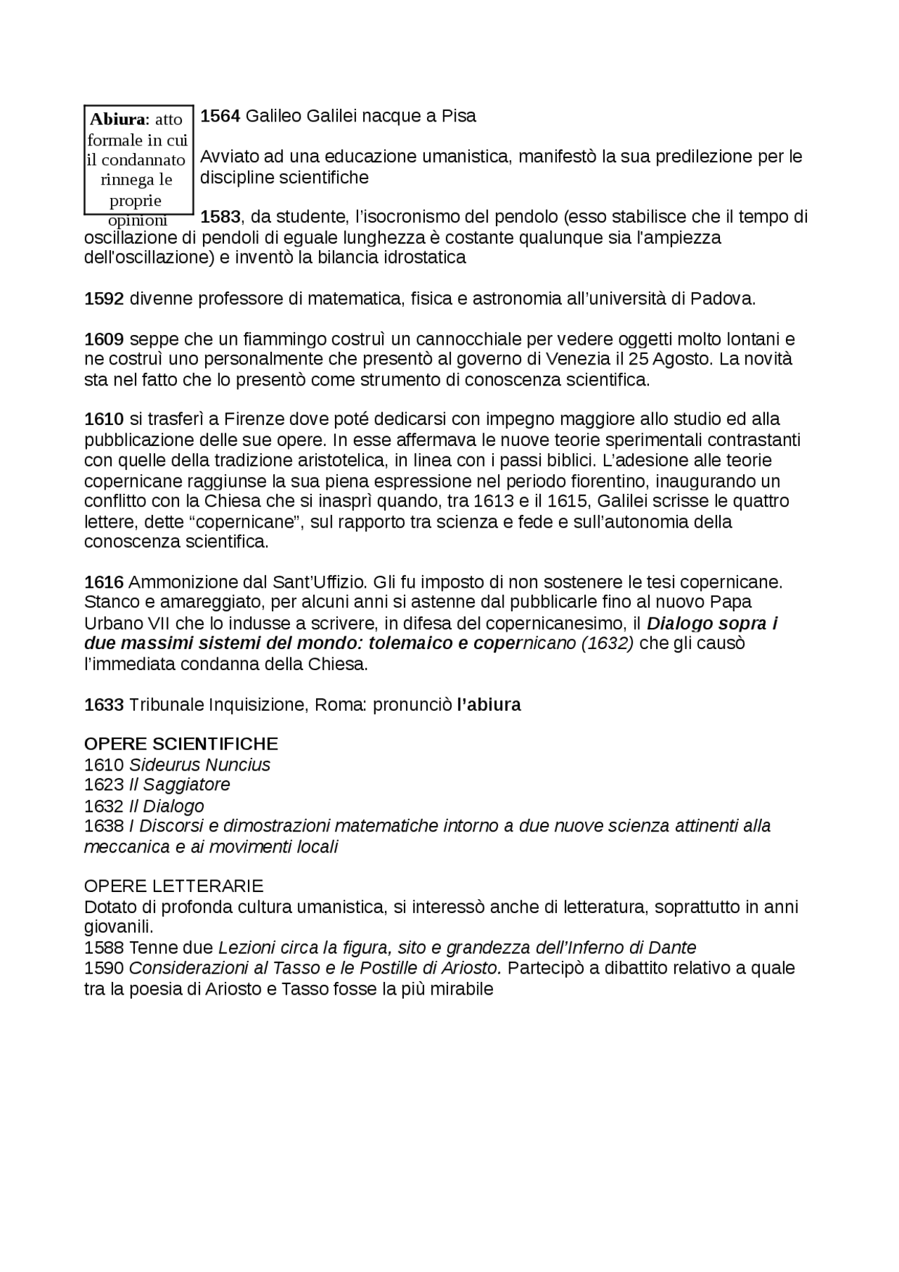 Galileo Galilei e la rivoluzione scientifica | Study notes of Italian ...
