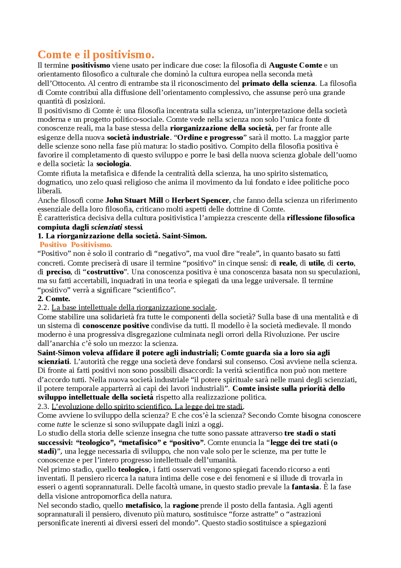 Comte E Il Positivismo Docsity