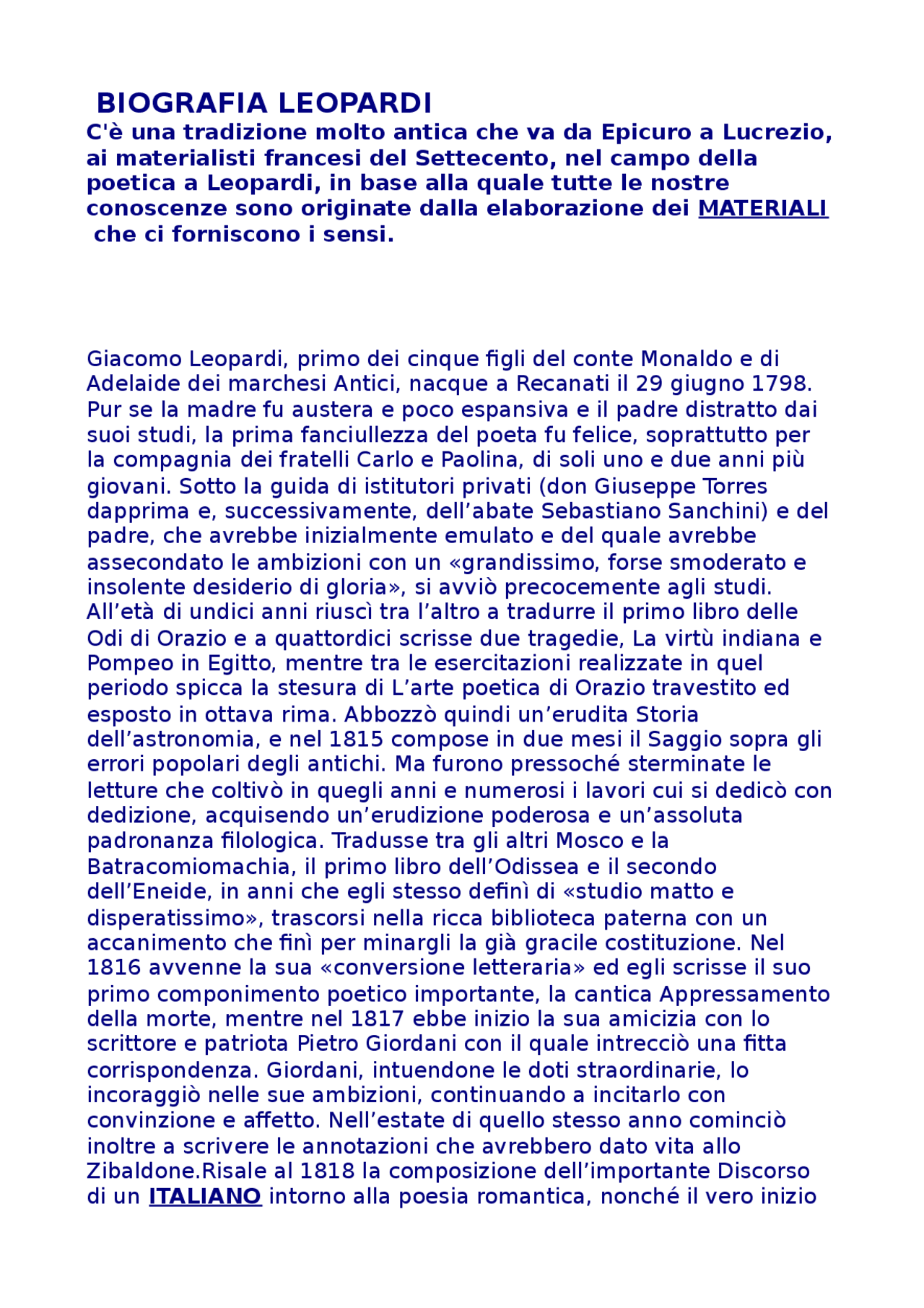 Leopardi biografia e stile - Docsity