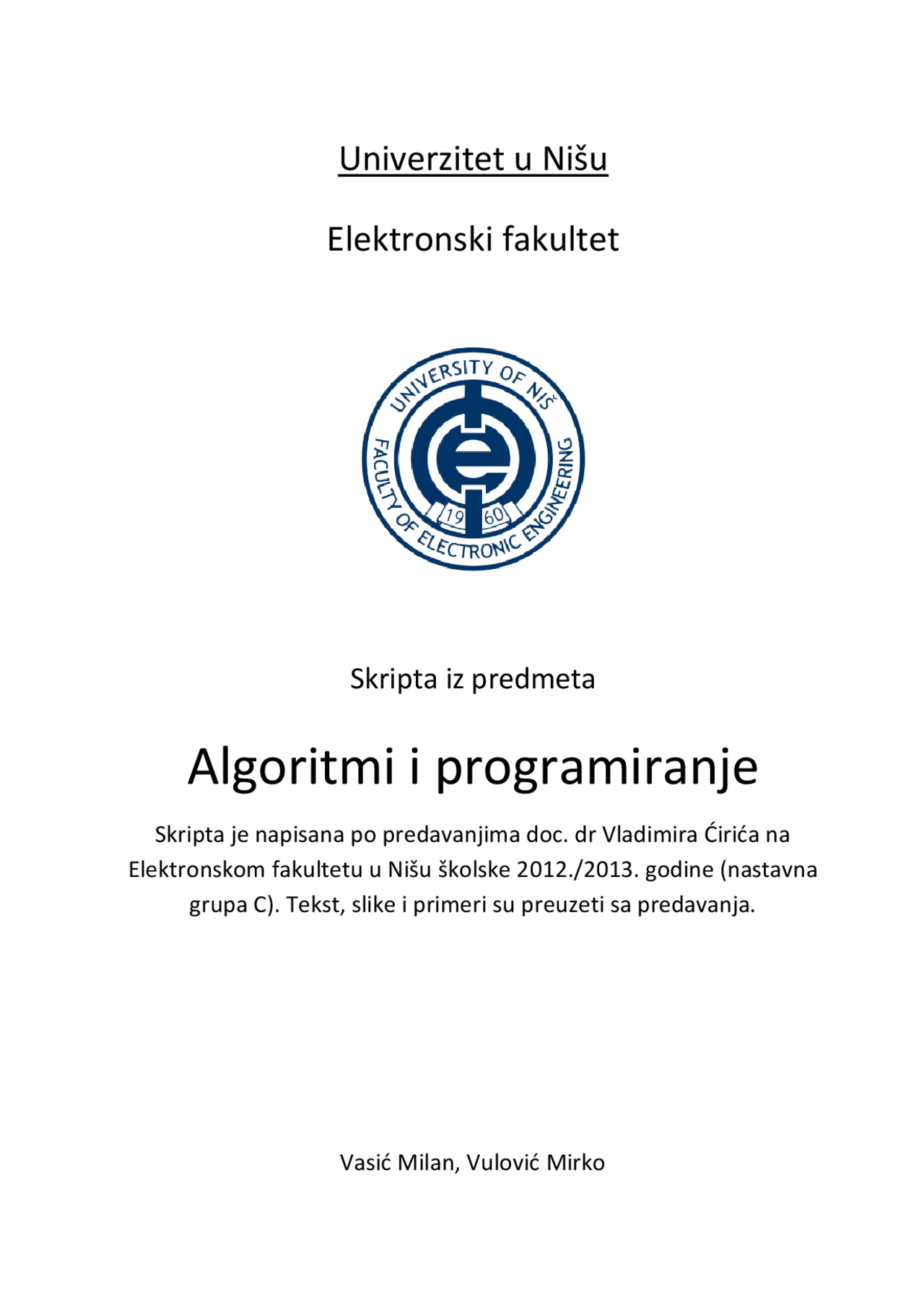 Algoritmi I Programiranje Skripta Za Teorijski Deo Ispita Elektronski