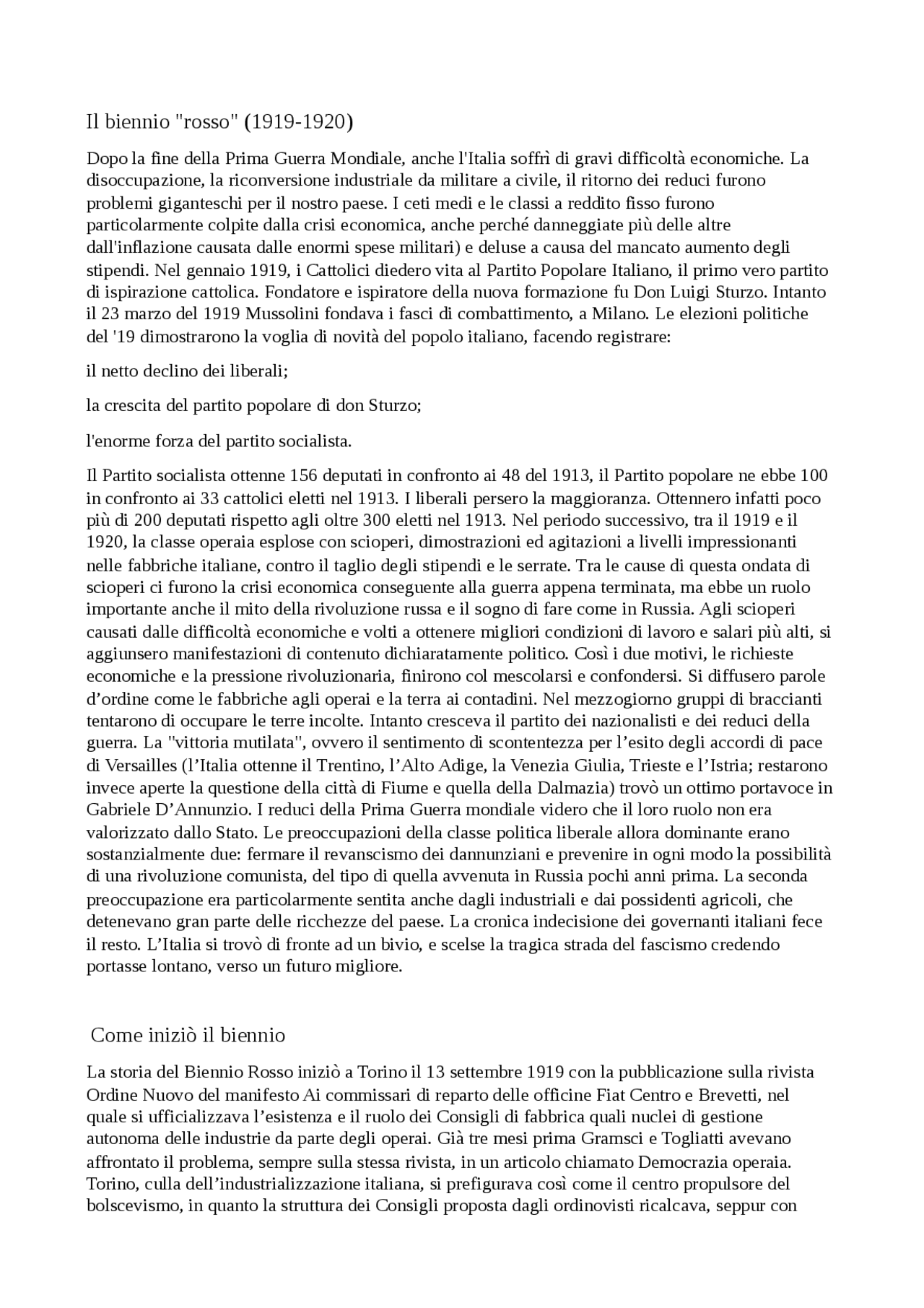 Il Biennio Rosso, Storia dell'Italia Contemporanea - Docsity