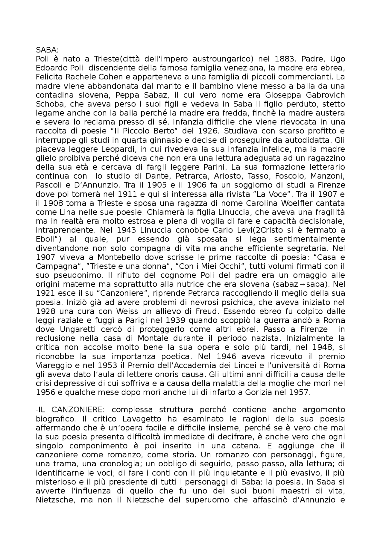 Vita E Opere Di Saba Docsity