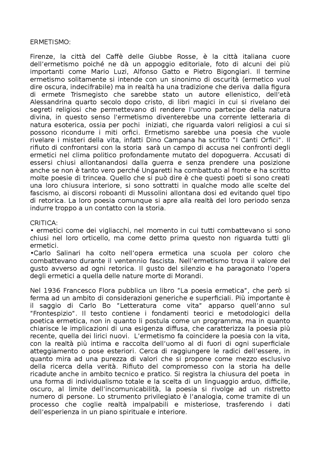 Riassunto Ermetismo Letteratura Docsity