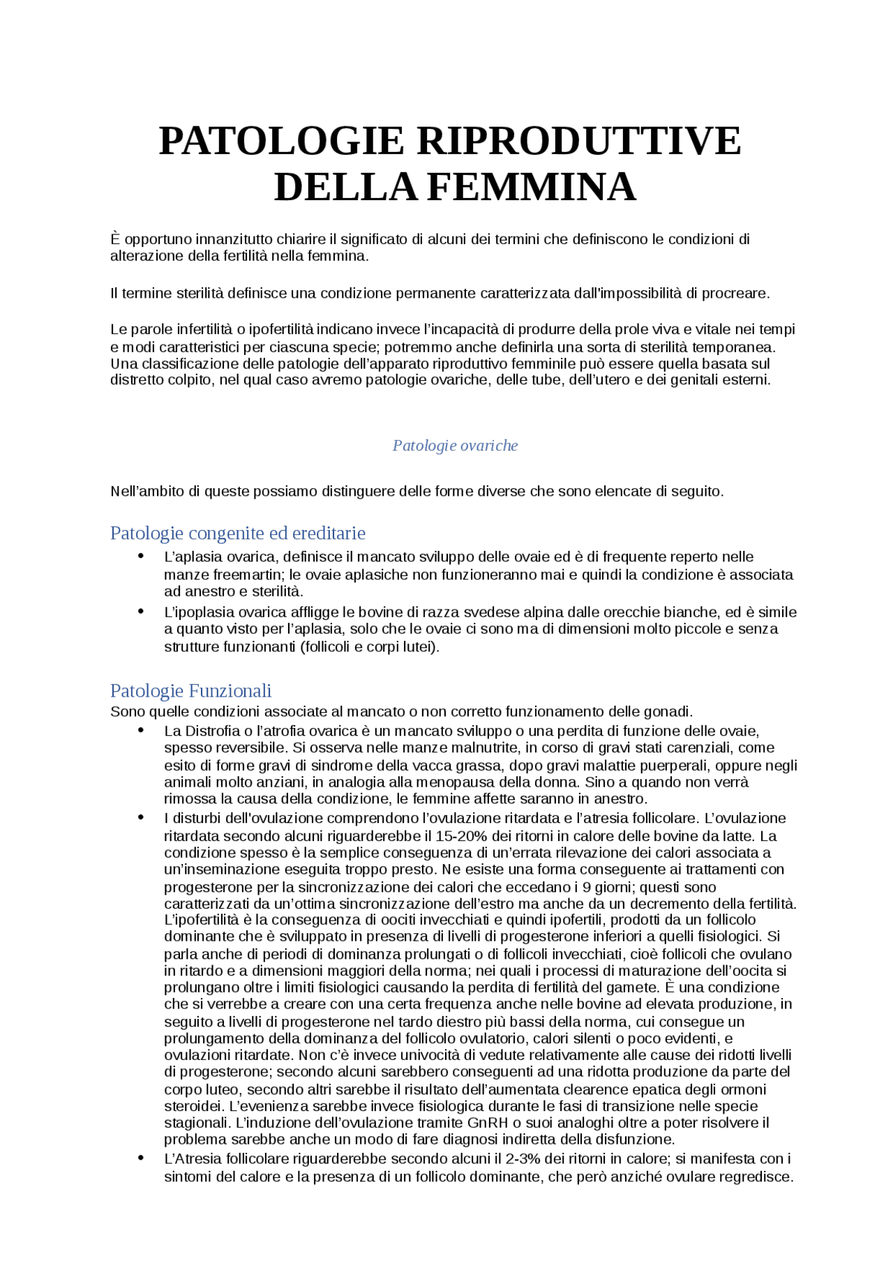 Patologie Riproduttive Della Femmina Docsity