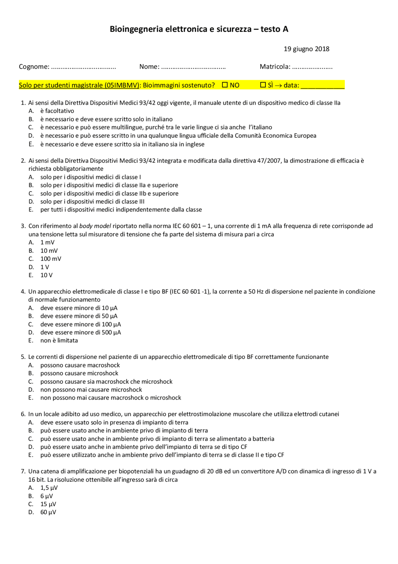 Esame Bioingegneria Elettronica Docsity