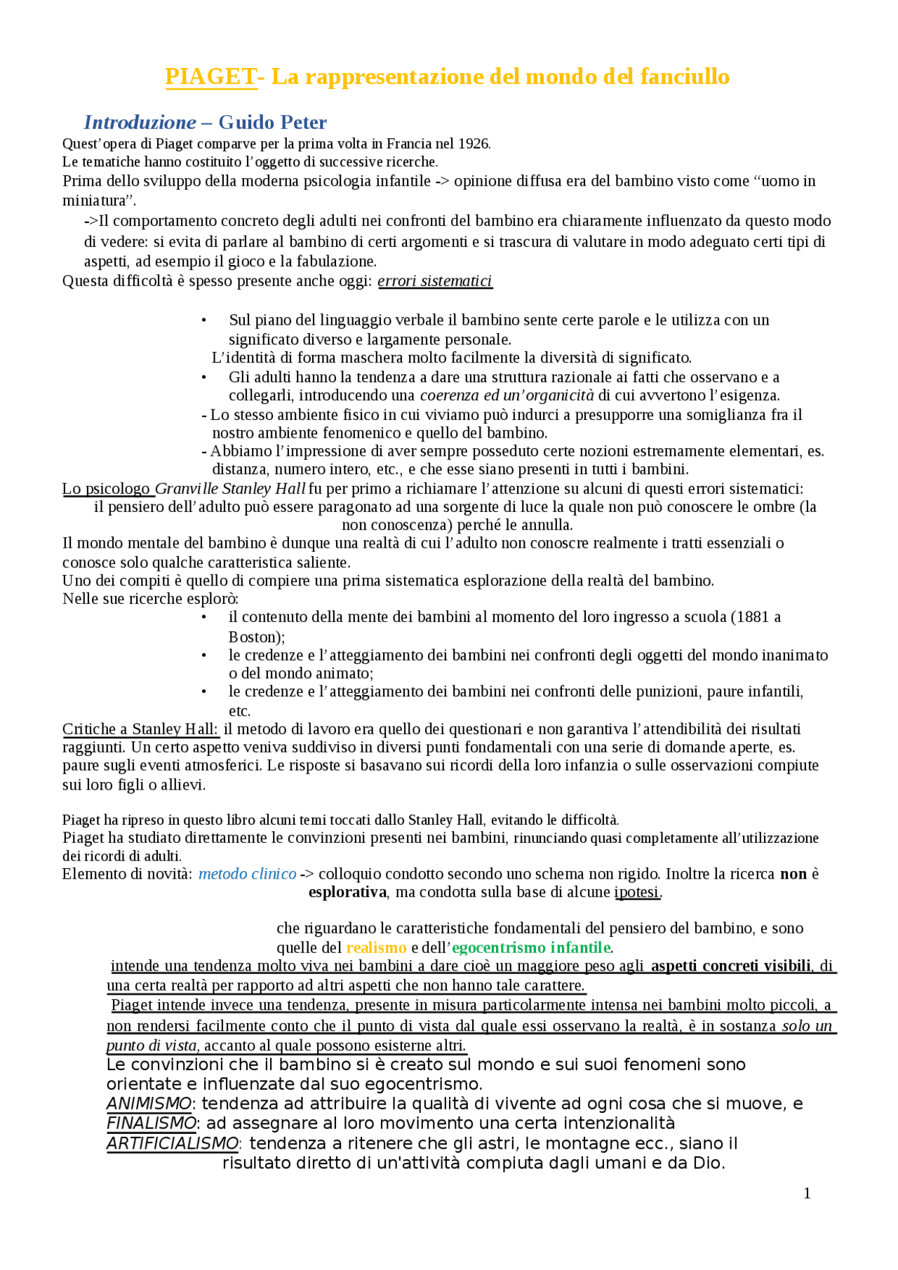 PIAGET- La rappresentazione del mondo del fanciullo - Docsity