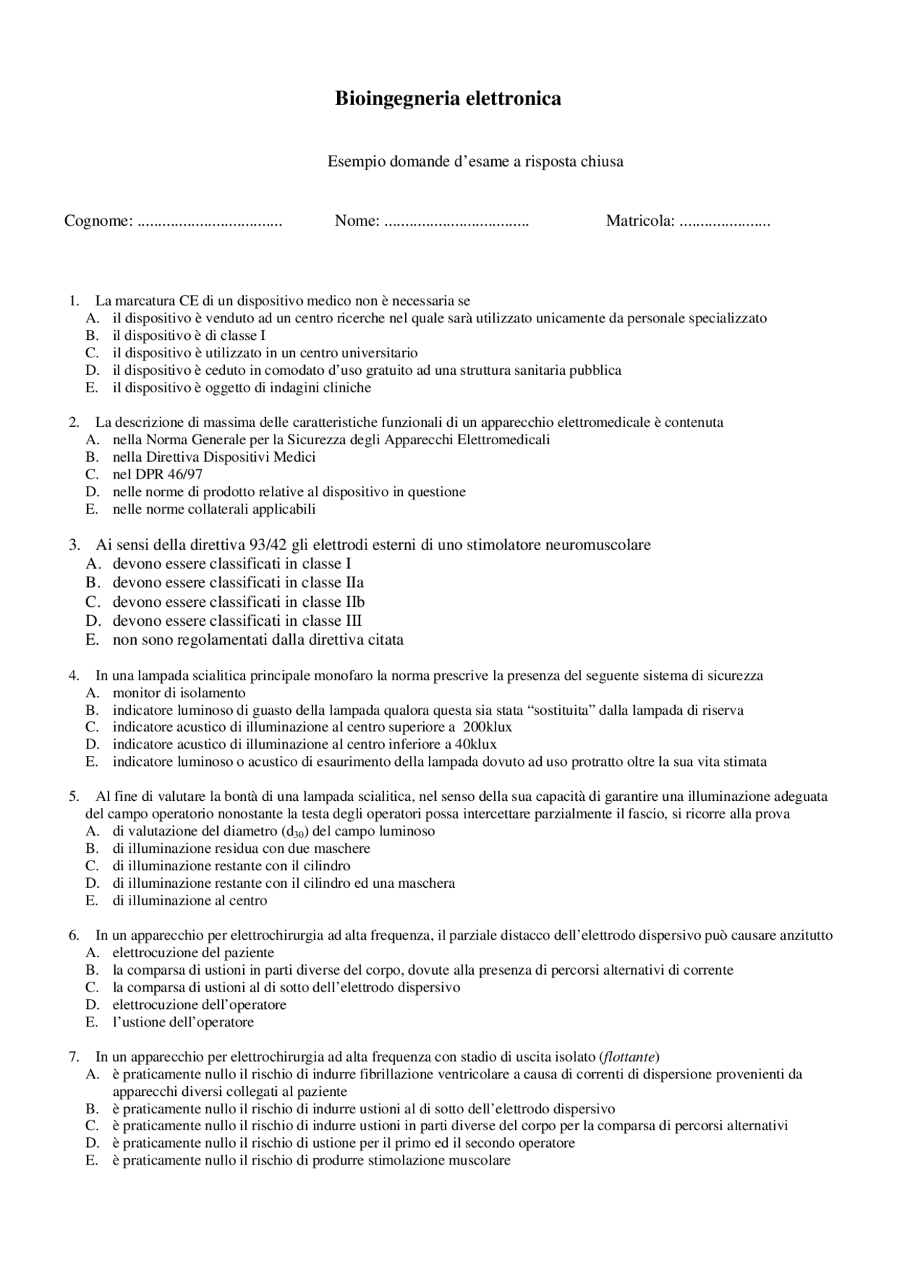 Esame Bioingegneria Elettronica Docsity