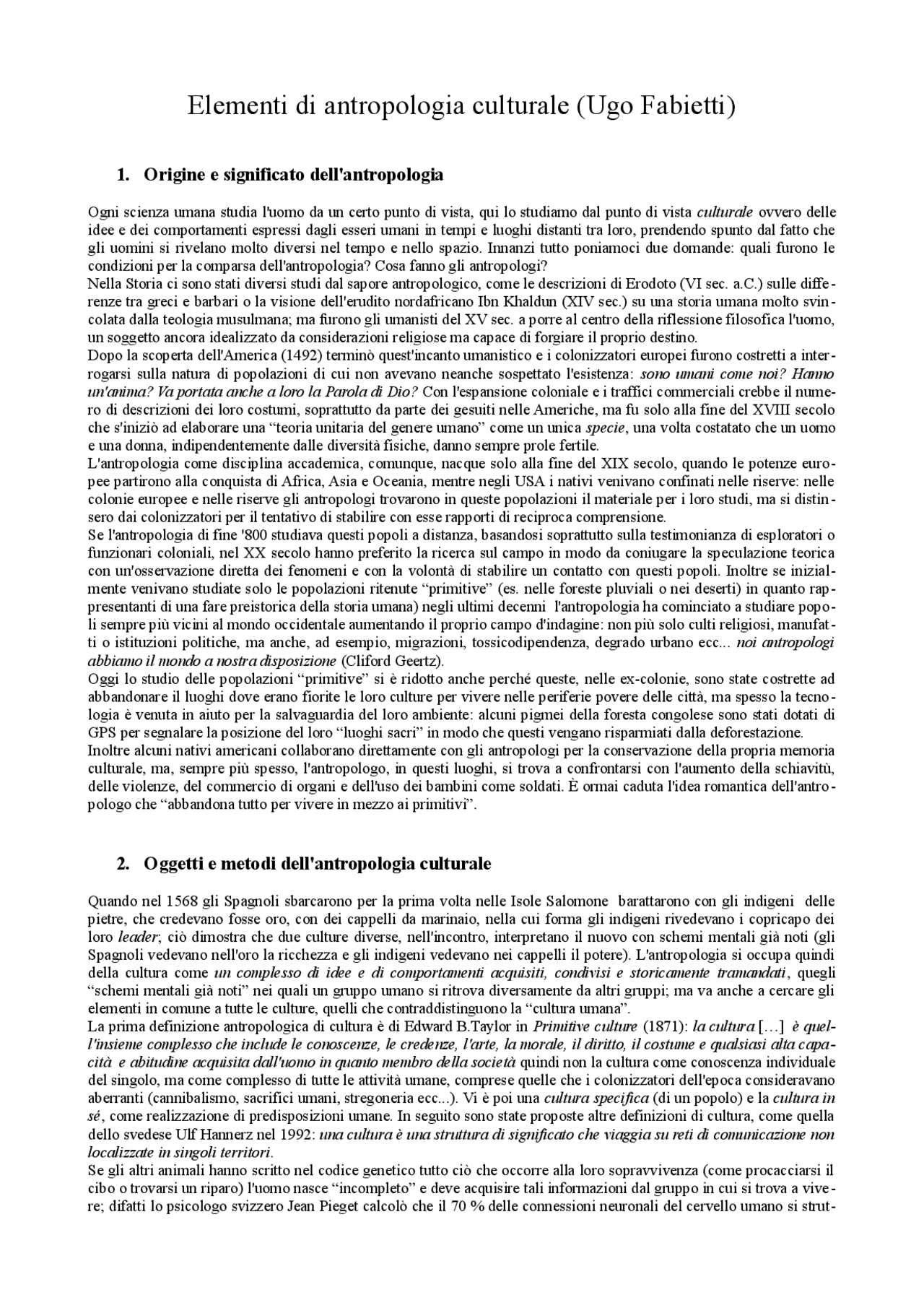 Riassunto Di Elementi Di Antropologia Culturale U Fabietti Docsity
