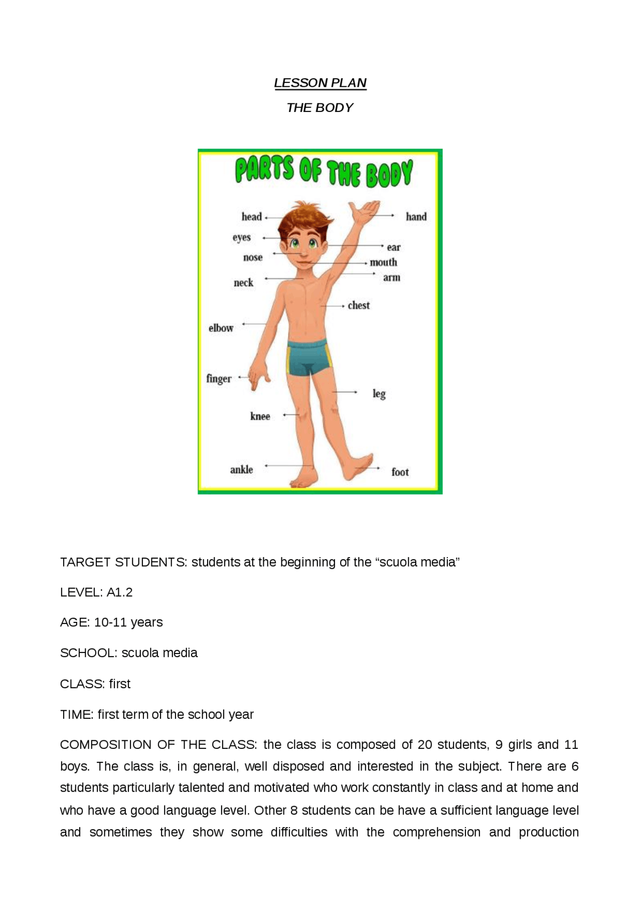 Lesson Plan: The human body - Docsity