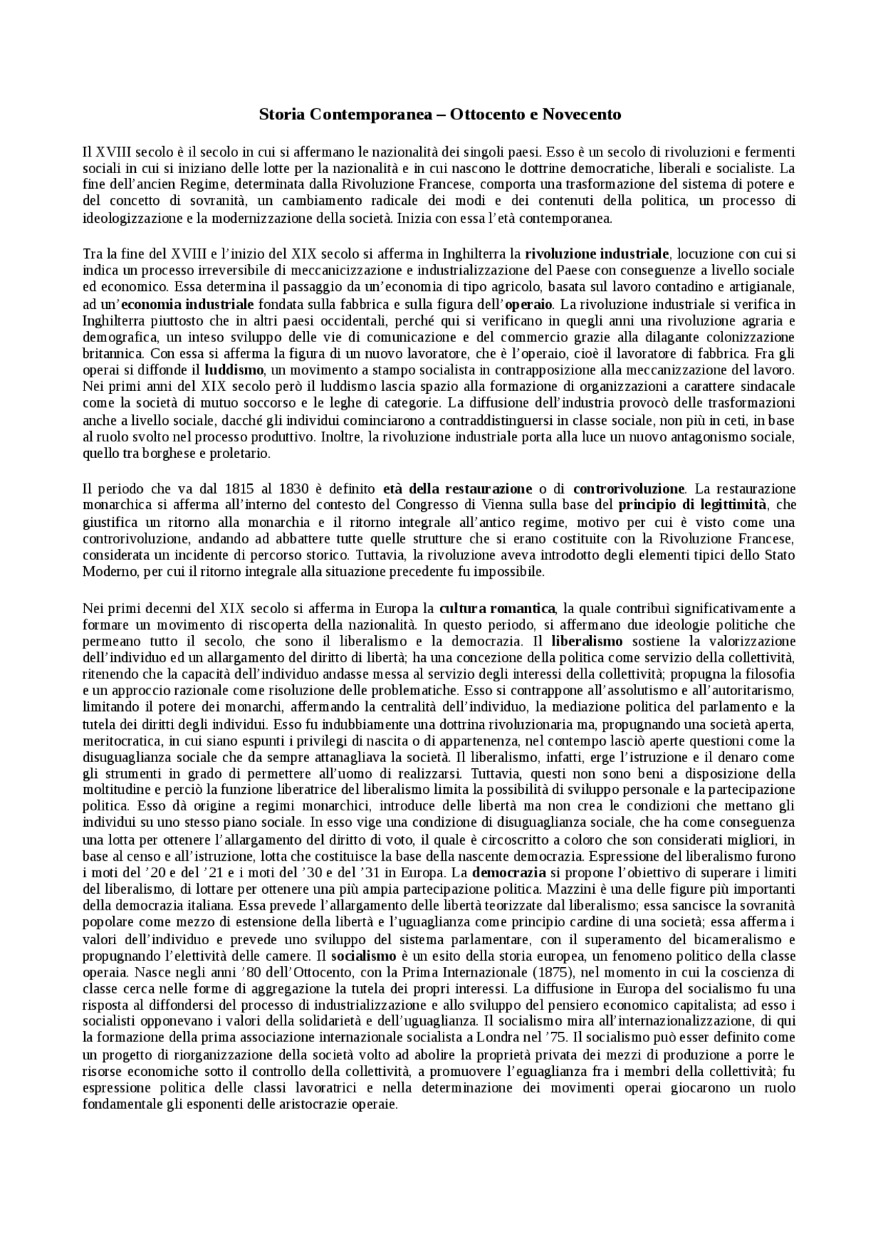 Storia Contemporanea Docsity