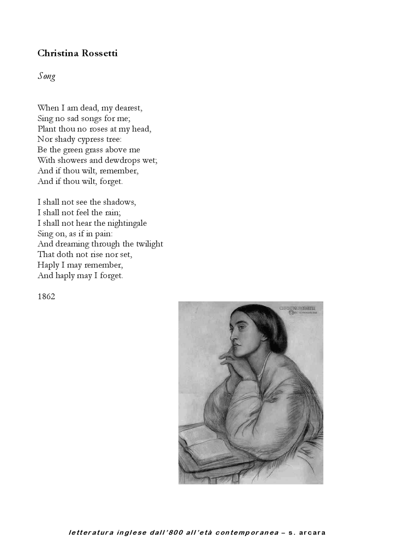 Christina Rossetti : "Song" text | Slide di Letteratura Inglese | Docsity