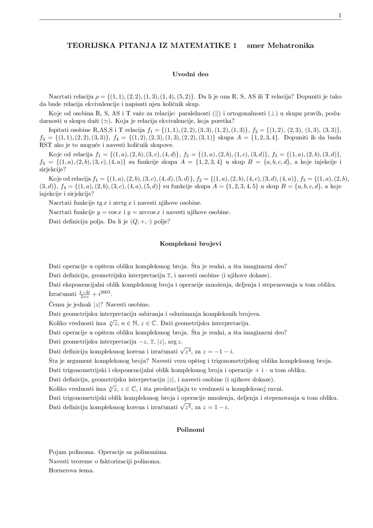 Matematika 1 - ispitna teorijska pitanja | Ispiti' predlog Matematika - Docsity