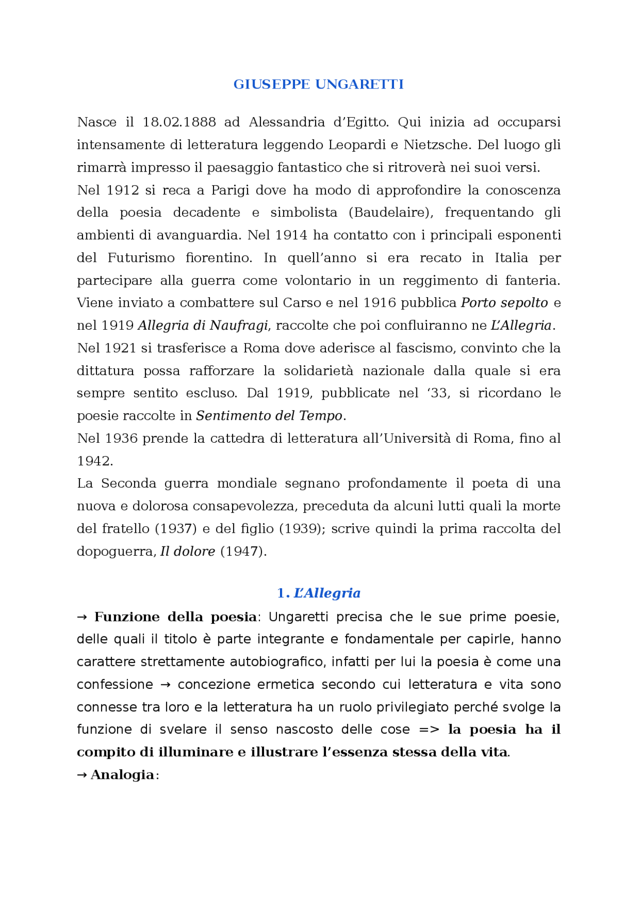 Giuseppe Ungaretti Vita Opere E Analisi Docsity