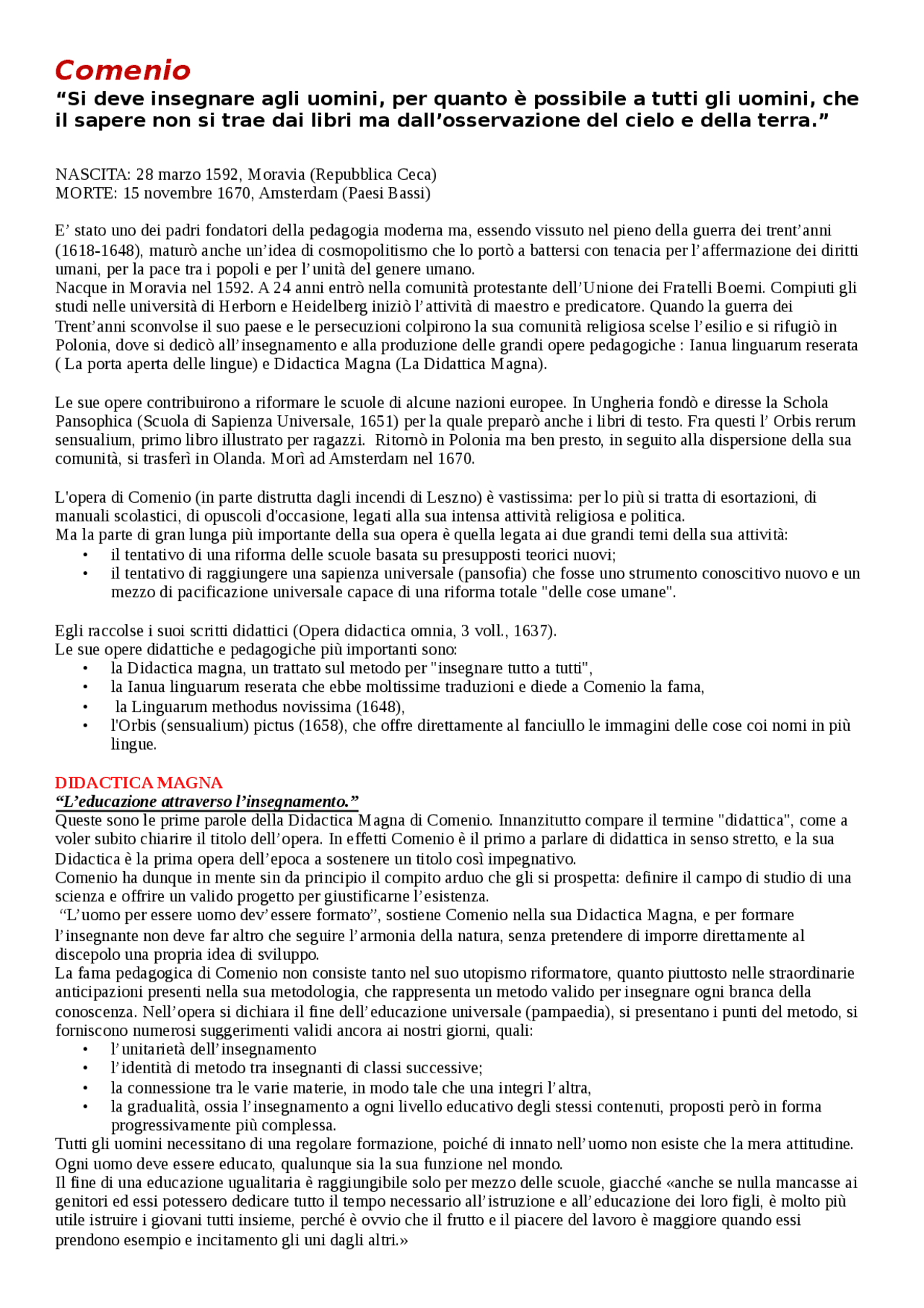 Riassunto su Comenio | Appunti di Storia Della Pedagogia | Docsity