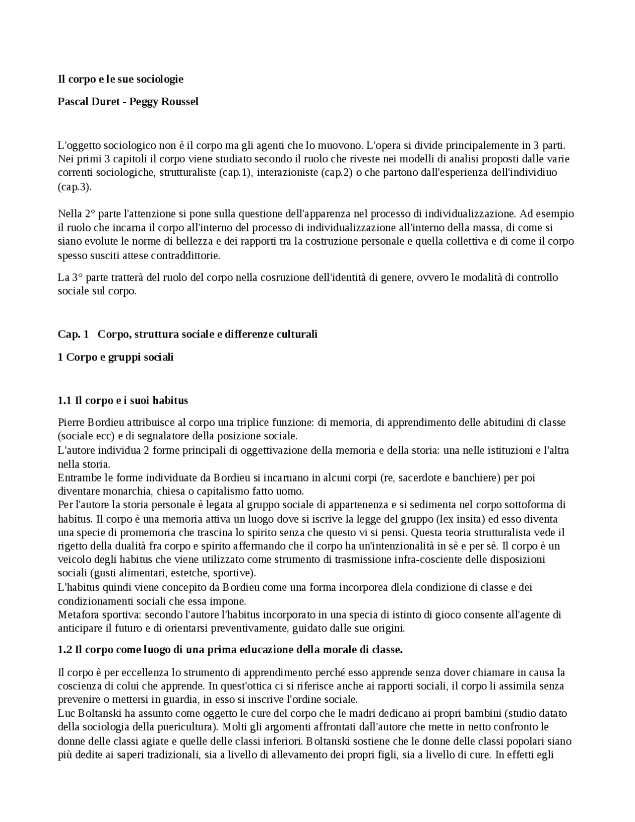 Il corpo e le sue sociologie - Pascal Duret e Peggy Roussel - Docsity