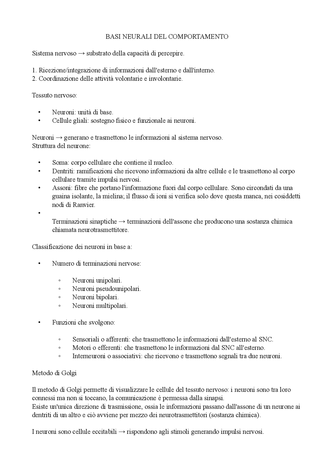Le Basi Neurali Del Comportamento Docsity