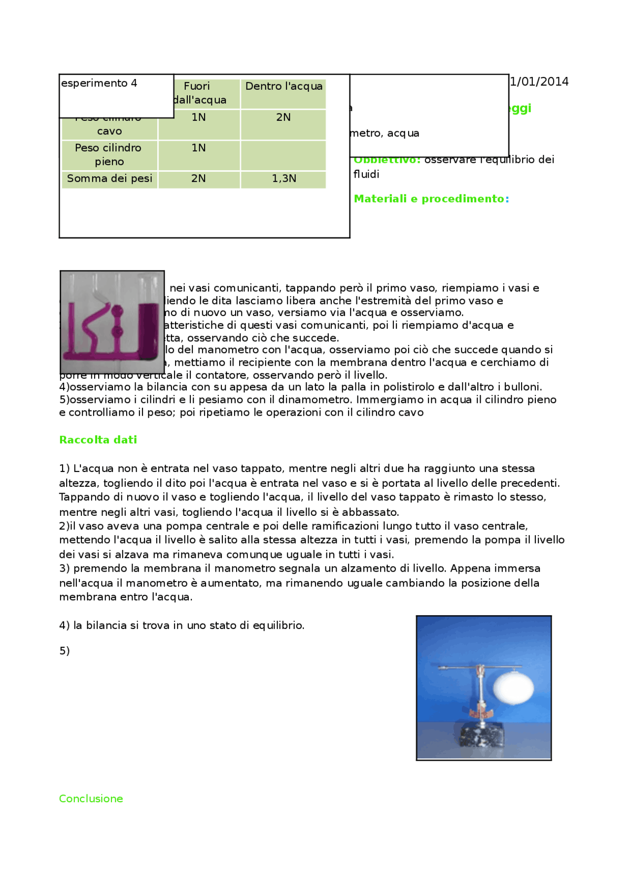 Relazione sull'equilibrio dei fluidi | Ejercicios de Física | Docsity