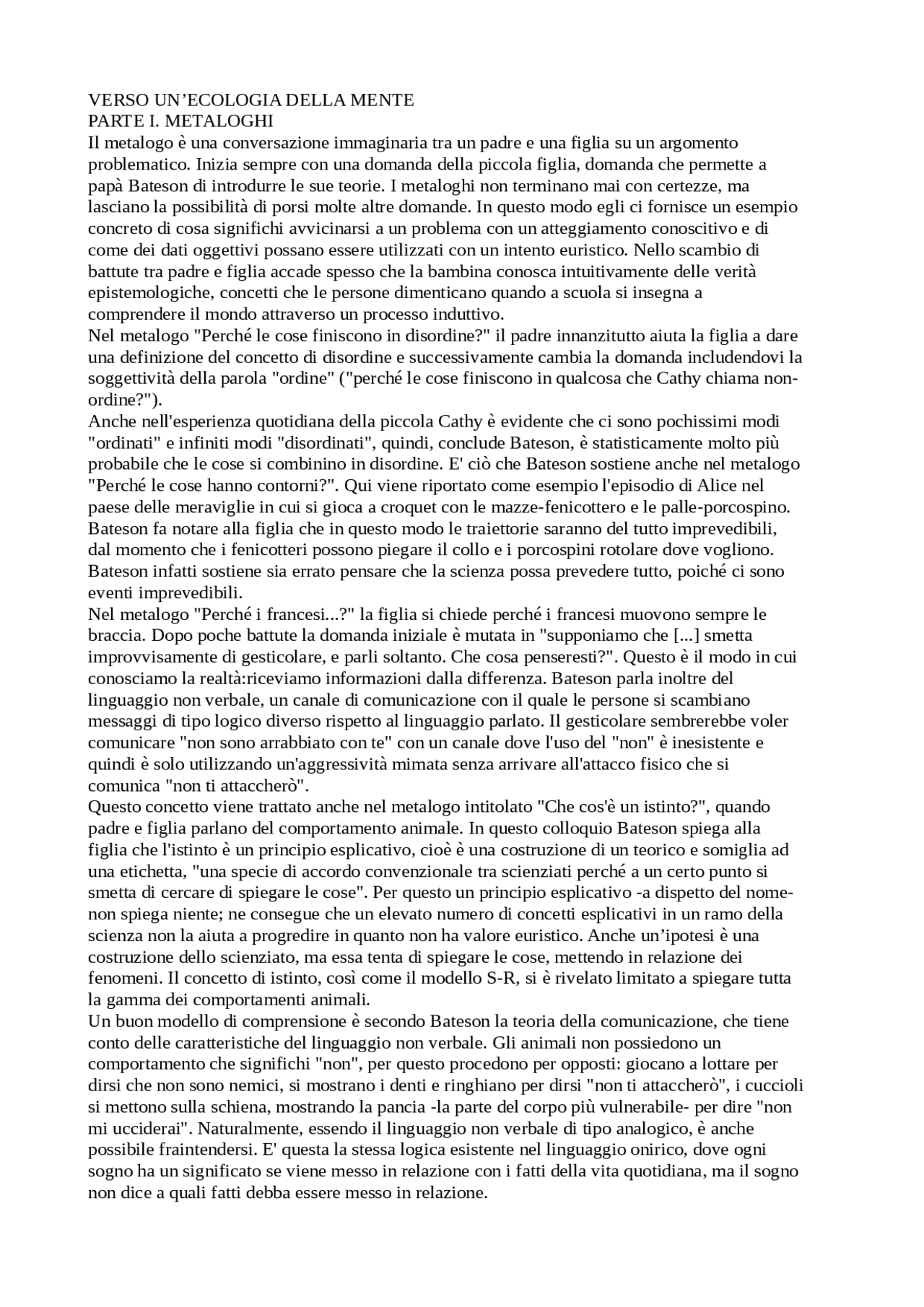 Verso Un Ecologia Della Mente Docsity