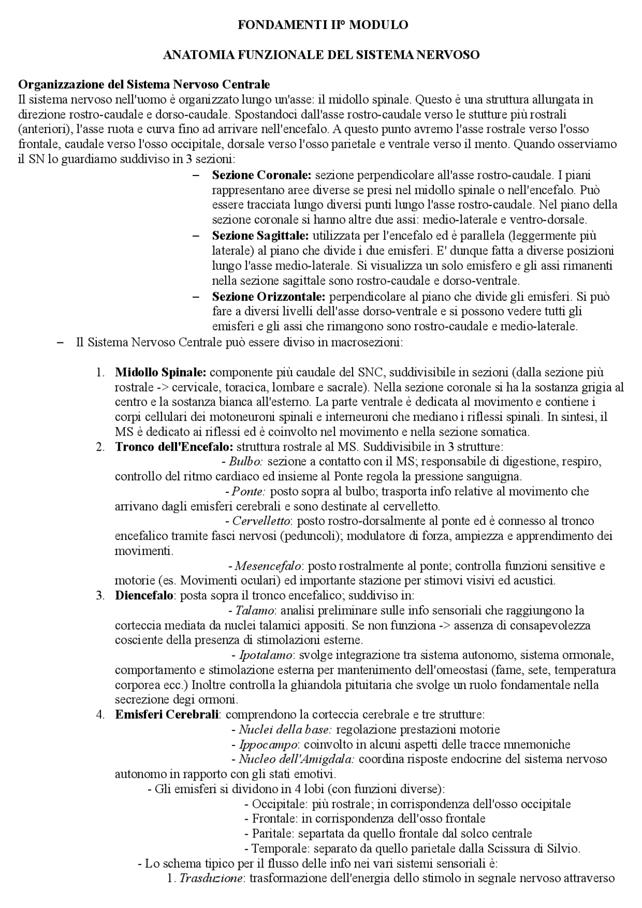 Sintesi Fondamenti Anatomo Fisiologici Dellattività Psichica Modulo