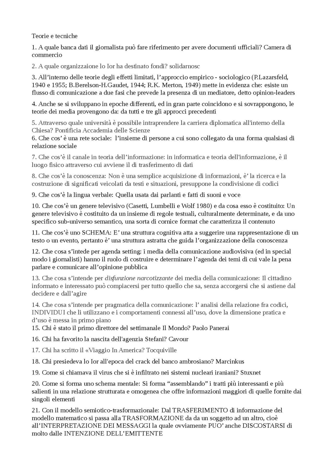 Teorie E Tecniche Della Comunicazione Domande E Risposte Docsity