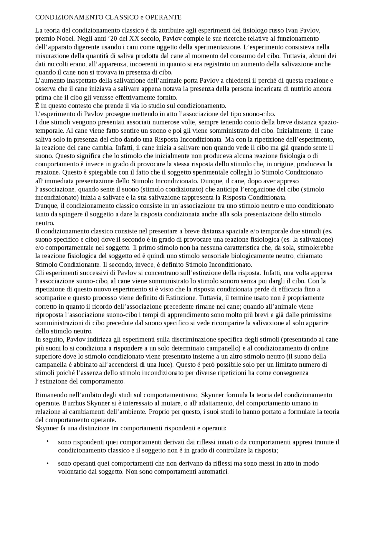 Condizionamento Classico E Operante Docsity