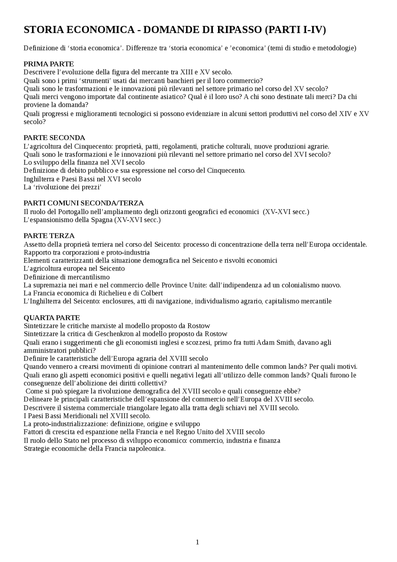 Domande Di Ripasso Per Storia Economica I Anno Docsity