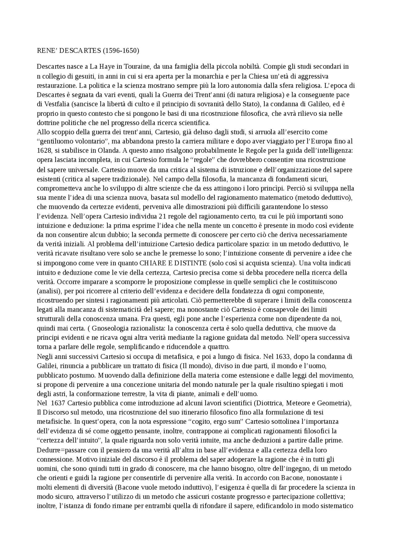 Cartesio Riassunto Docsity