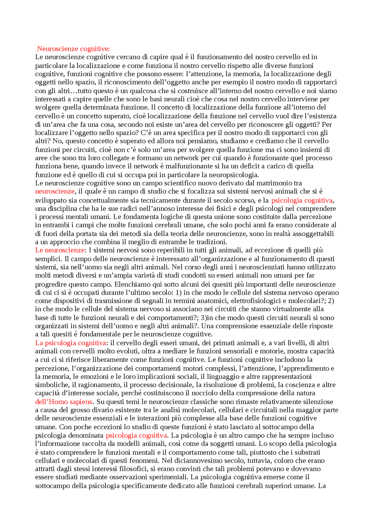Neuroscienze Cognitive Docsity