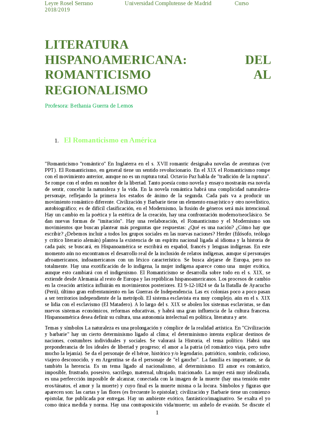 Apuntes Literatura Hispanoamericana del Romanticismo al Regionalismo ...