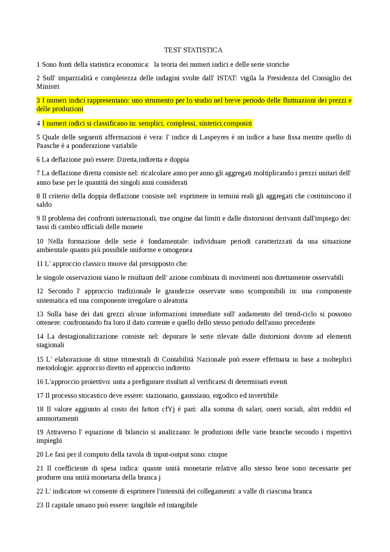 Test Autovalutazione Statistica Docsity