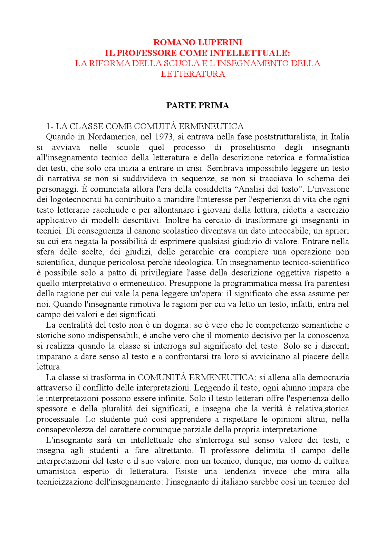 R Luperini Il Professore Come Intellettuale Docsity