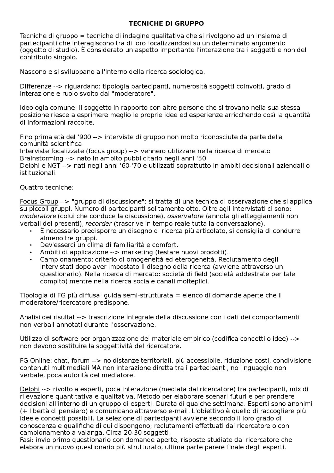 Analisi Delle Tecniche Di Gruppo Docsity