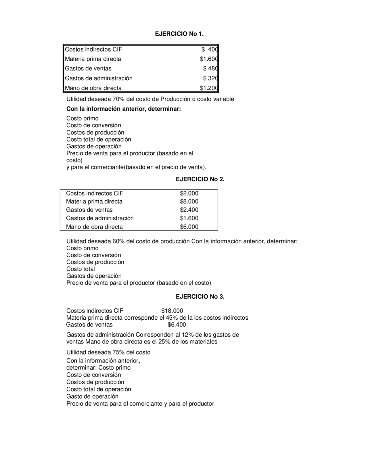Ejercicios De Costos Docsity