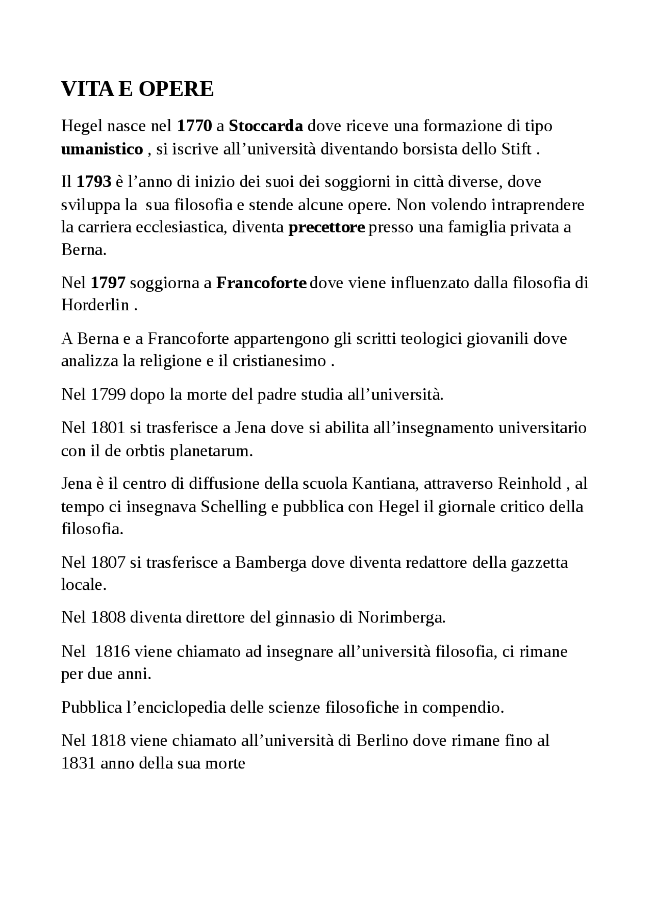 Hegel - vita , opere e pensiero - Docsity