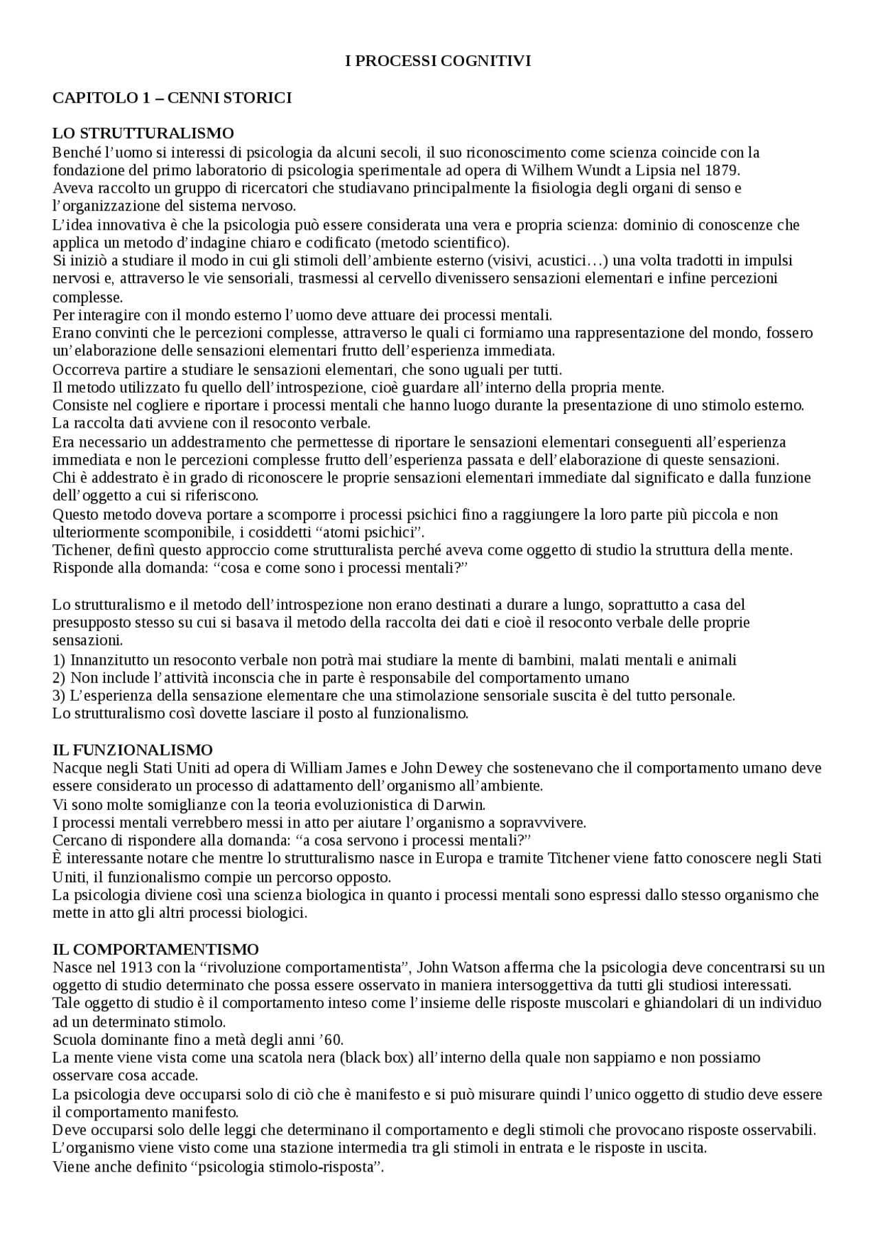 Riassunto Libro I Processi Cognitivi Docsity